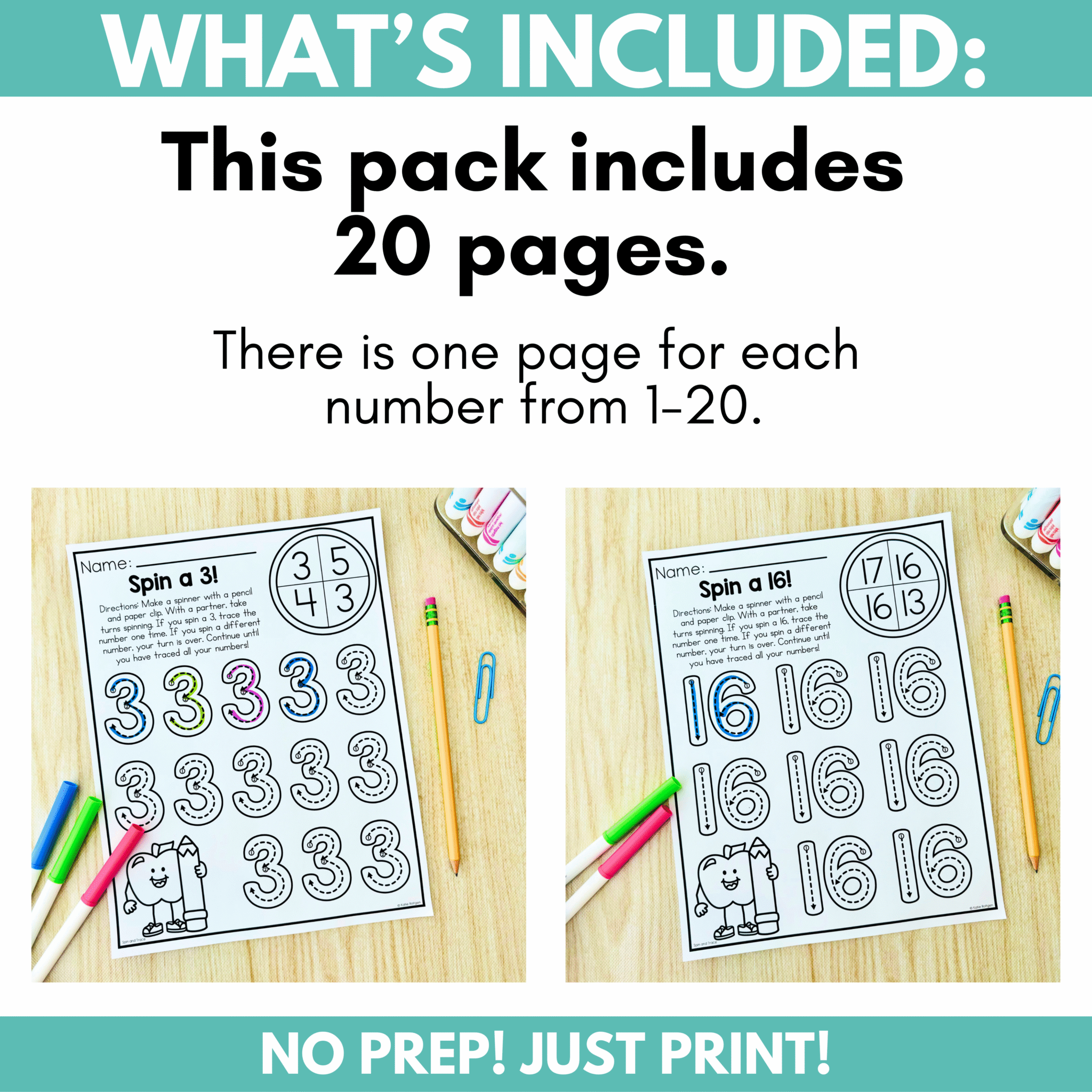 Numbers 1-20 Activities: Spin and Trace - Katie Roltgen Teaching