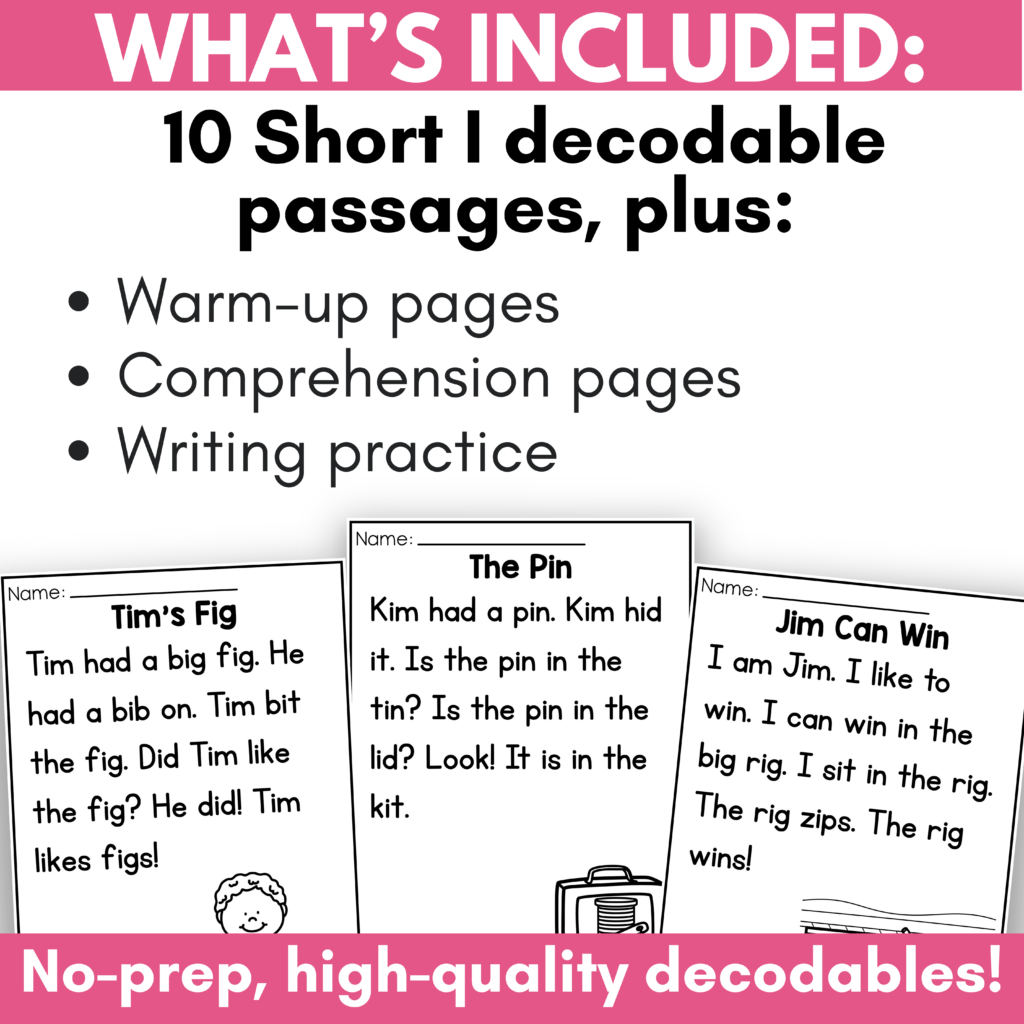 Short I CVC Decodable Passages for Kindergarten - Katie Roltgen Teaching