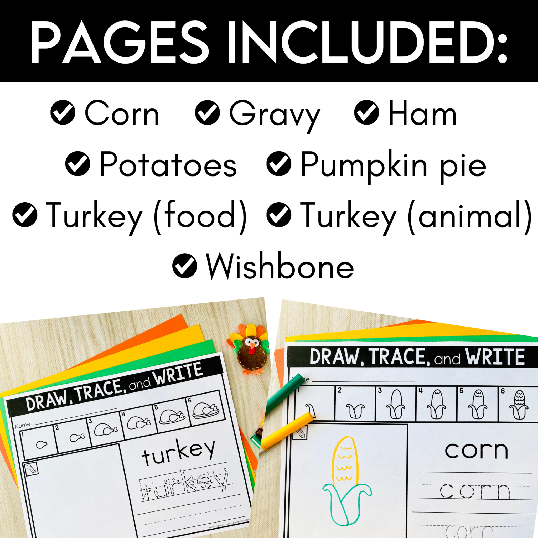 Thanksgiving Directed Drawing Pages for Kindergarten - Draw, Trace, and ...